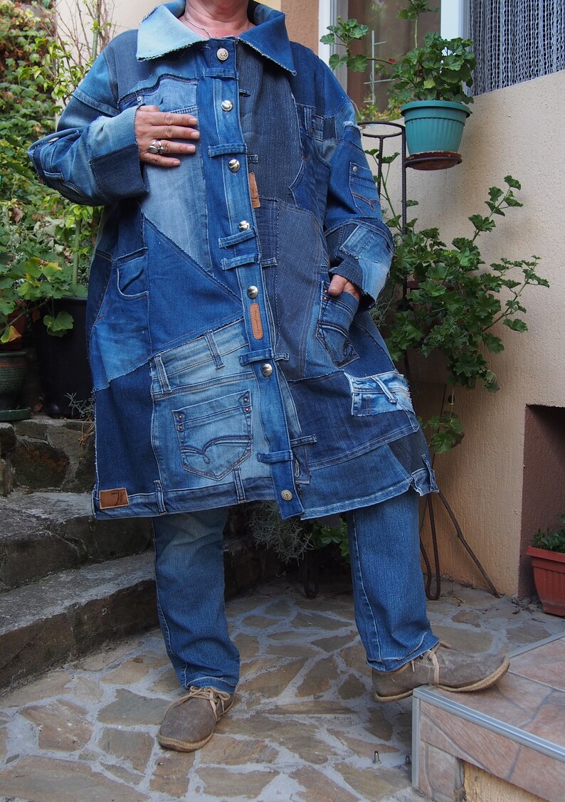 Patchwork Denim Coat: Upcycled Jean Cape, Ripped Design - Etsy