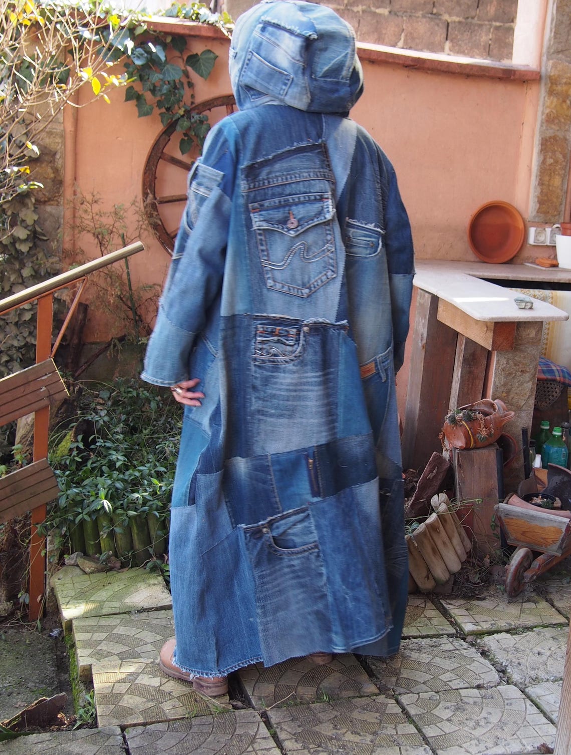 Upcycled Denim Patchwork Coat: Ripped Jean Cape With Hood - Etsy