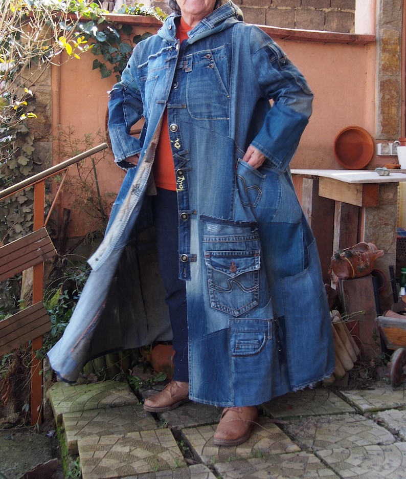 Upcycled Denim Patchwork Coat: Ripped Jean Cape With Hood - Etsy