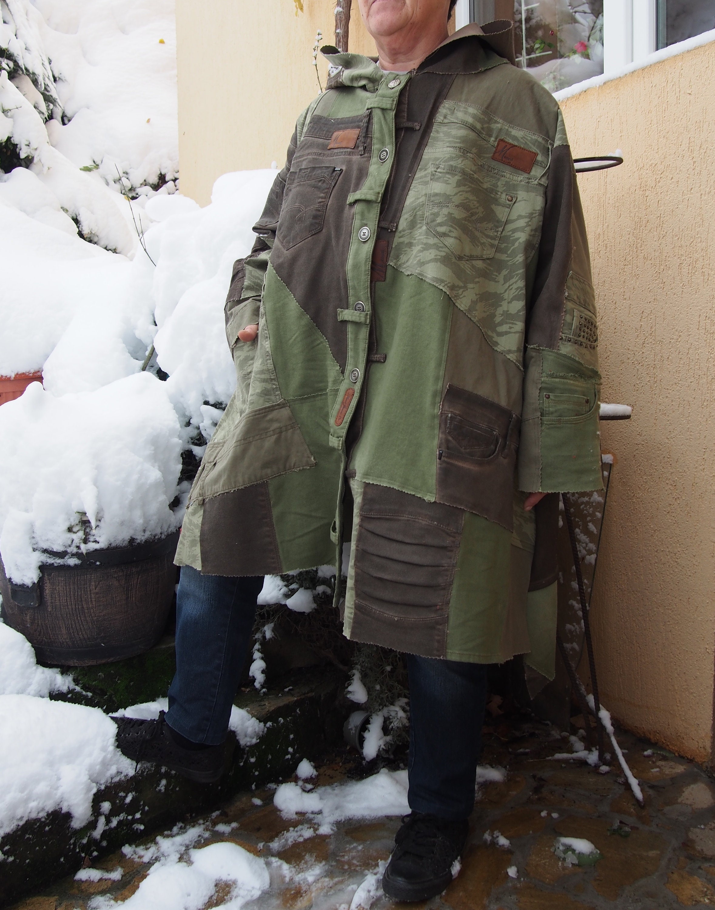 Unique Green Denim Coat With Patches, Ripped Denim Cape, Patchwork Jean ...