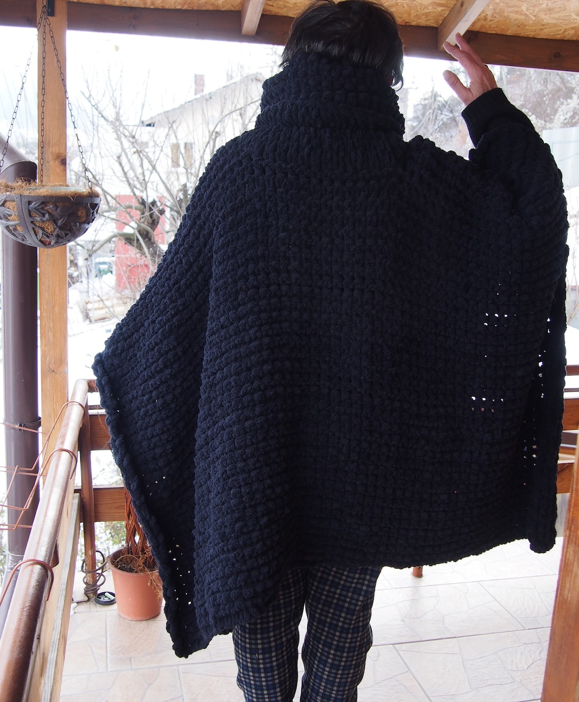 Black Chunky Knit Poncho Hooded Knit Poncho Bulky Knit | Etsy