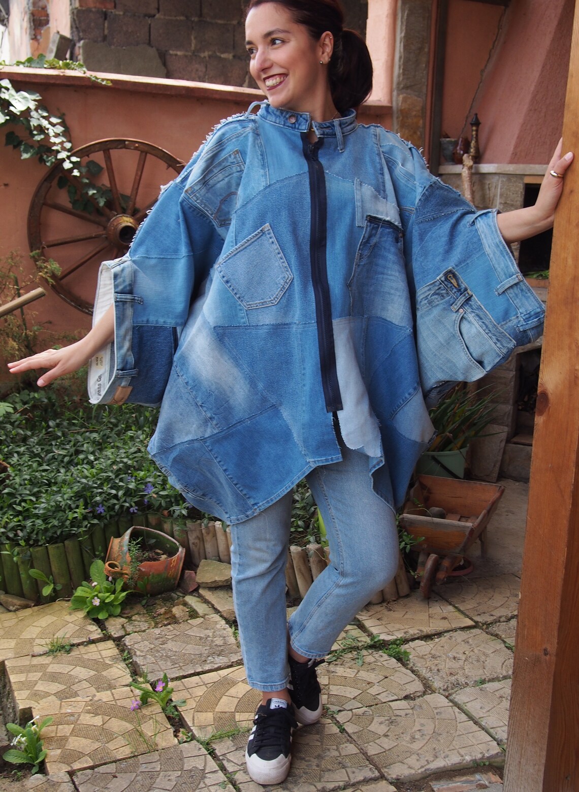 Patchwork Denim Cape: Upcycled Jean Coat, Ripped Boho Style - Etsy
