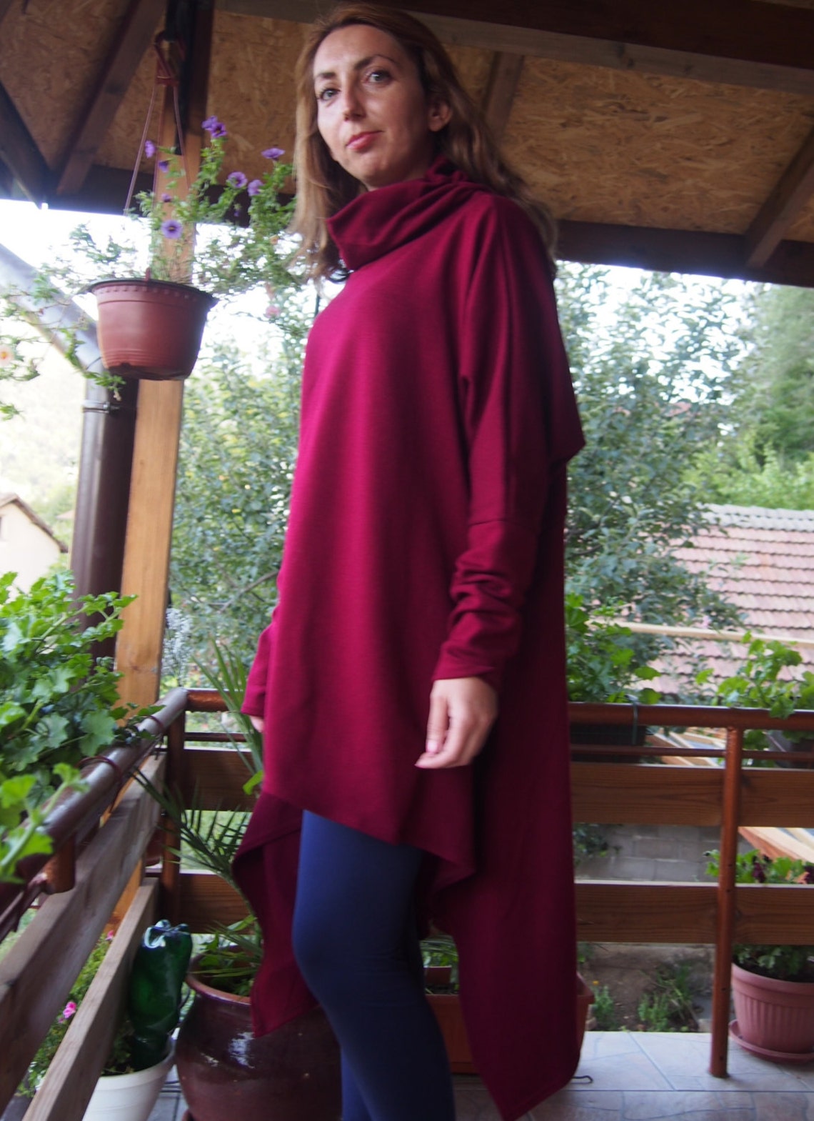 Asymmetric Knitted Over-sized Tunic Long Sleeve Cotton Tunic Turtleneck ...