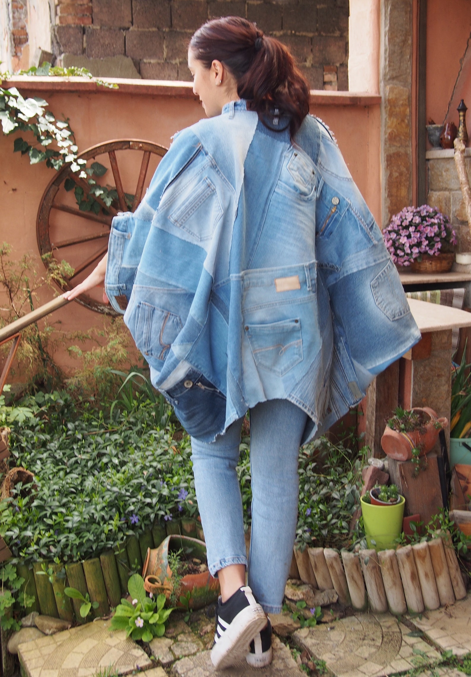 Patchwork Denim Cape: Upcycled Jean Coat, Ripped Boho Style - Etsy