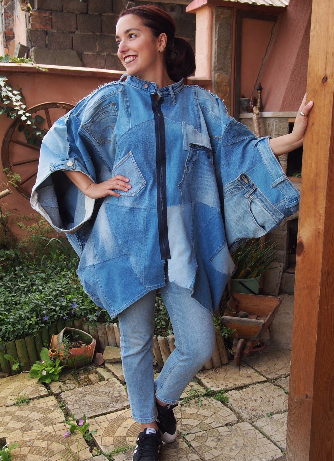 Unique Denim Coat With Patches, Ripped Denim Cape, Patchwork Jean Coat ...
