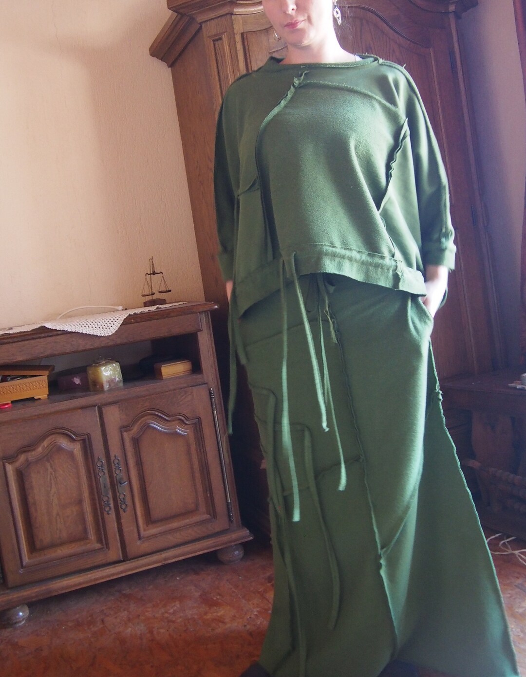 Green Cotton Maxi Set: Avant Garde Top and Skirt, Plus Size Clothing - Etsy