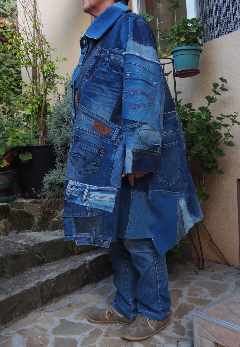 Patchwork Denim Coat: Upcycled Jean Cape, Ripped Design - Etsy