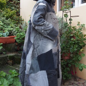 Unique Long Denim Coat With Patches, Ripped Denim Cape, Gray-black ...