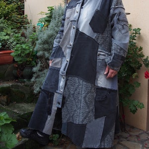Unique Long Denim Coat With Patches, Ripped Denim Cape, Gray-black ...