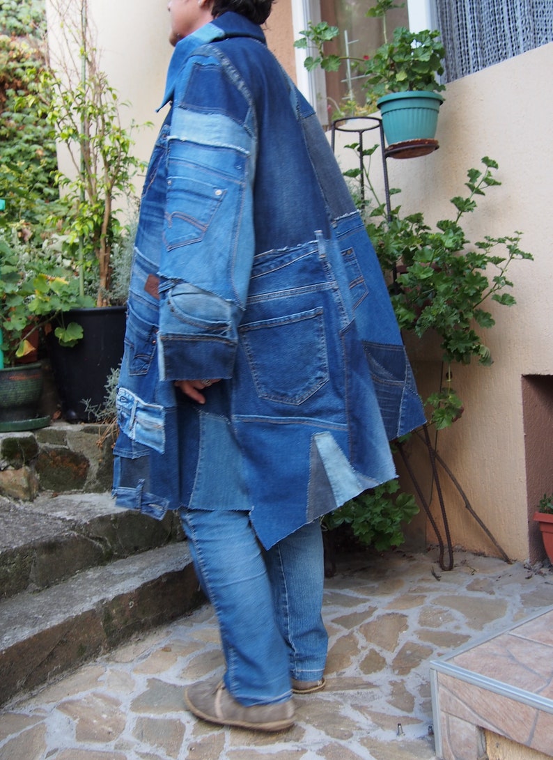 Patchwork Denim Coat: Upcycled Jean Cape, Ripped Design - Etsy