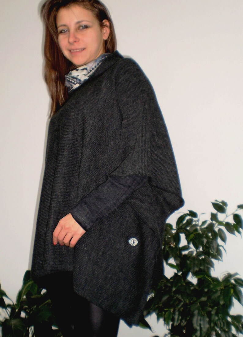 Comfortable Warm Knitted Poncho With Side Buttons Turtleneck Hood ...