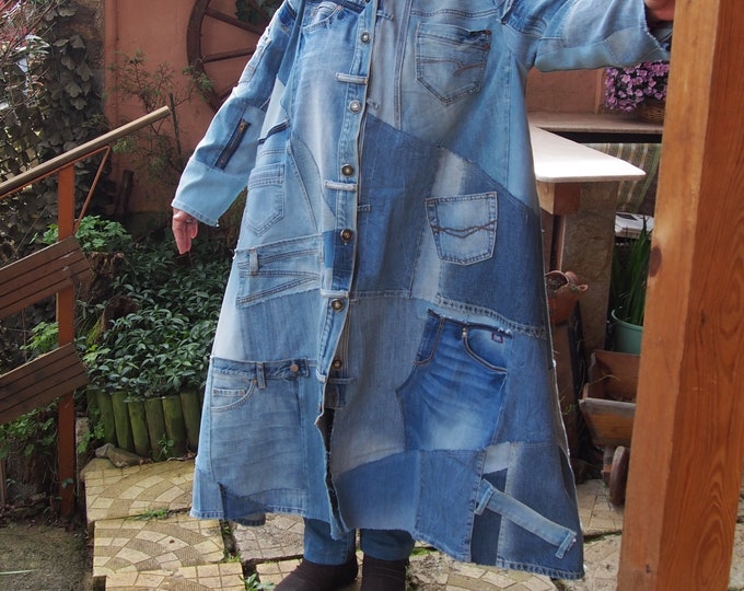 Unique Long Denim Coat With Patches, Ripped Denim Cape, Patchwork Jean ...