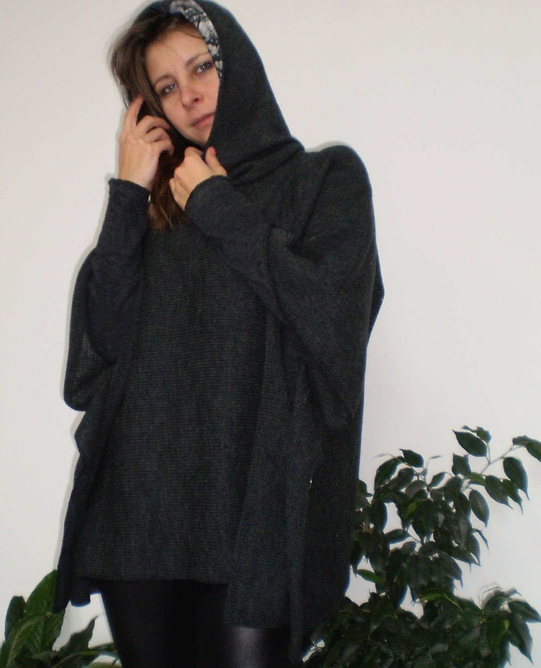 Comfortable Warm Knitted Poncho With Side Buttons Turtleneck Hood ...