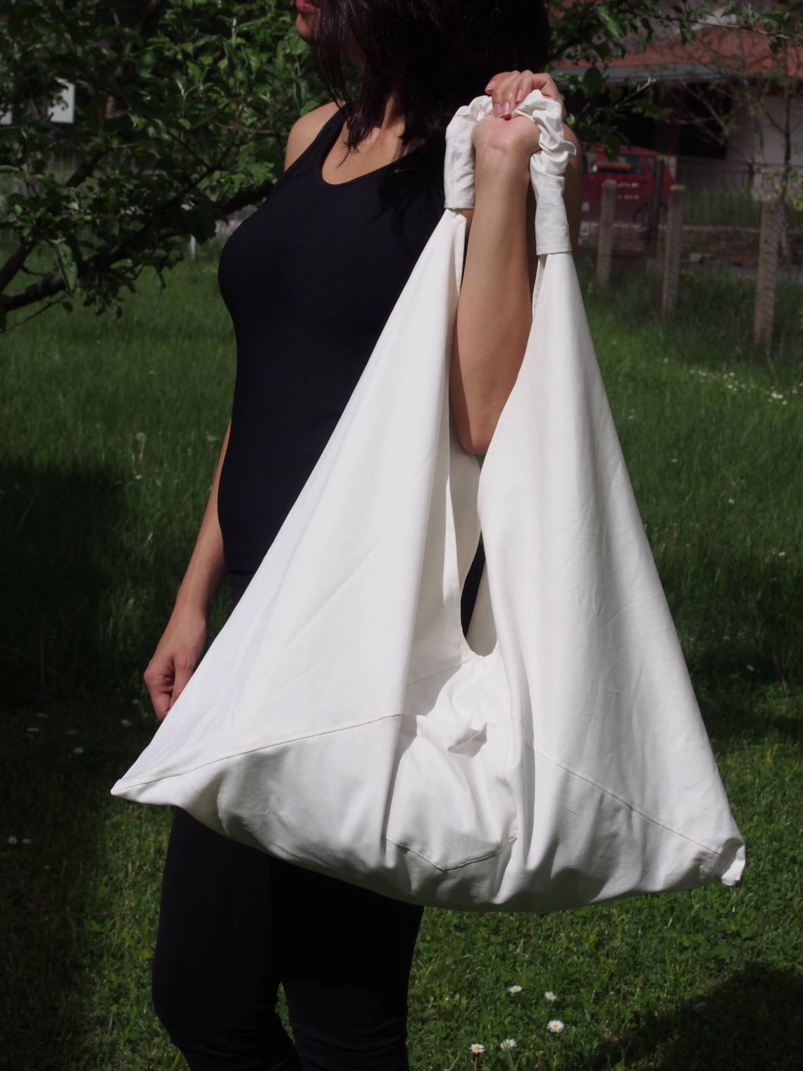 White Denim Bag, Japanese Bag, Triangle Tote Bag, Double-faced Large ...