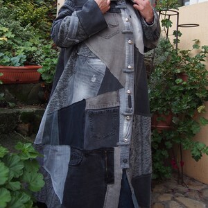 Unique Long Denim Coat With Patches, Ripped Denim Cape, Gray-black ...
