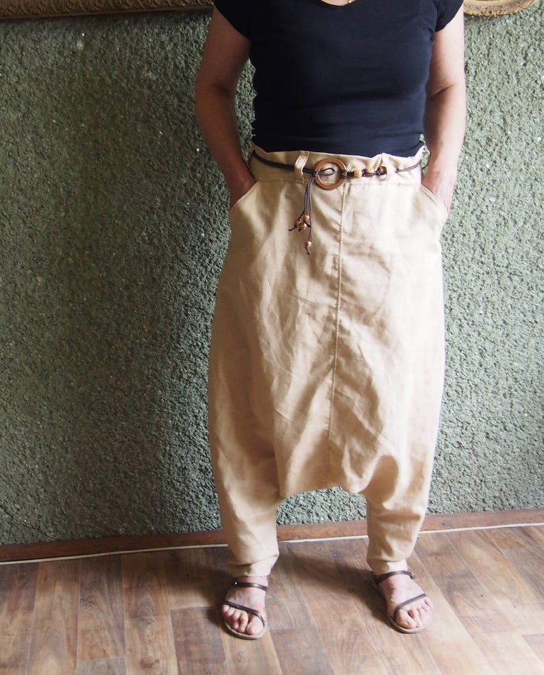 Loose Linen Pants Low Bottom Pants Drop Crotch Harem Pants - Etsy