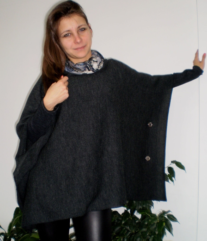 Comfortable Warm Knitted Poncho With Side Buttons Turtleneck Hood ...