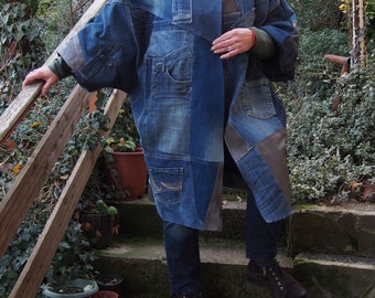 Unique Green Denim Coat With Patches, Ripped Denim Cape, Patchwork Jean ...