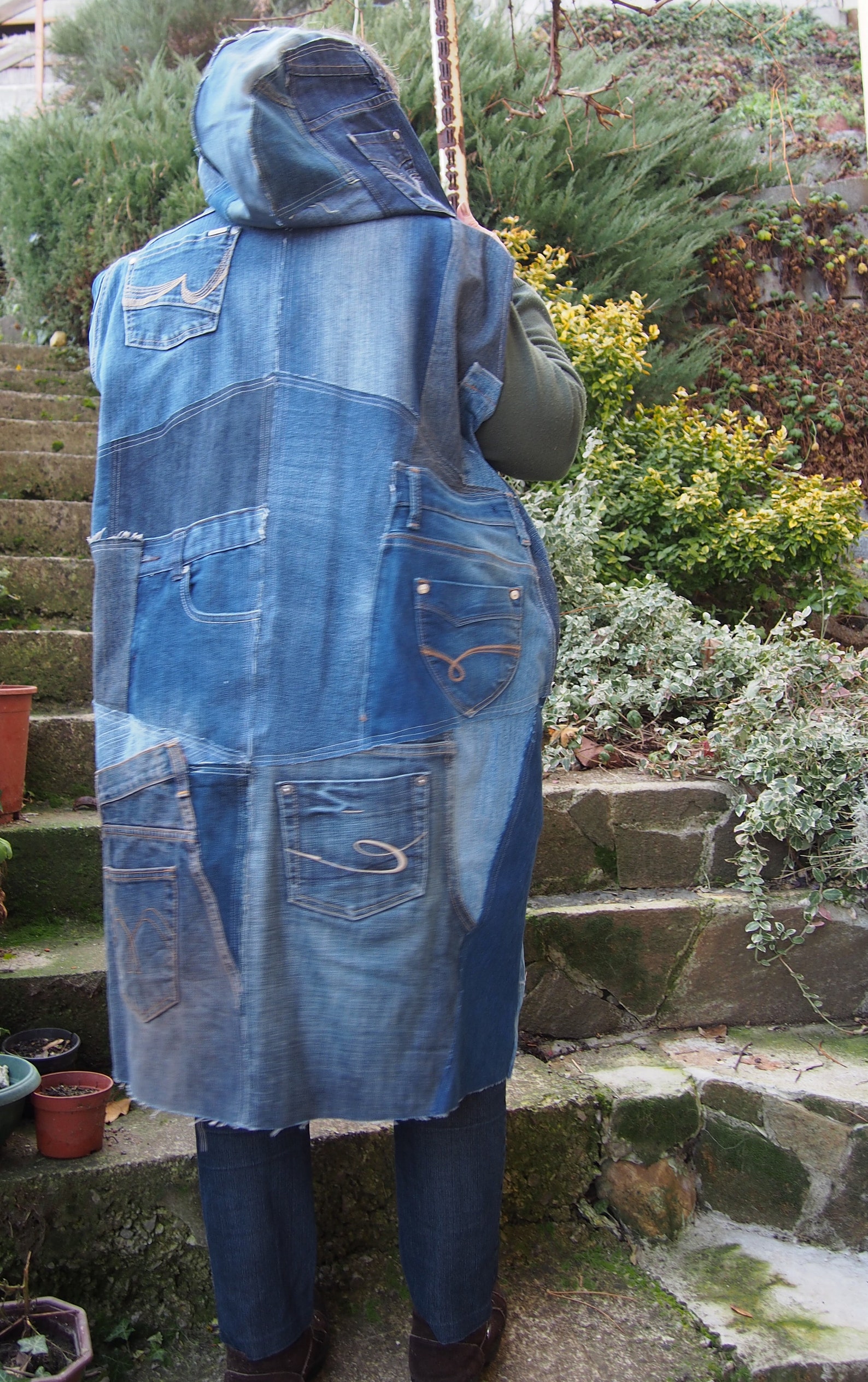 Unique Denim Coat Patches, Ripped Denim Cape, Patchwork Jeans Hooded ...