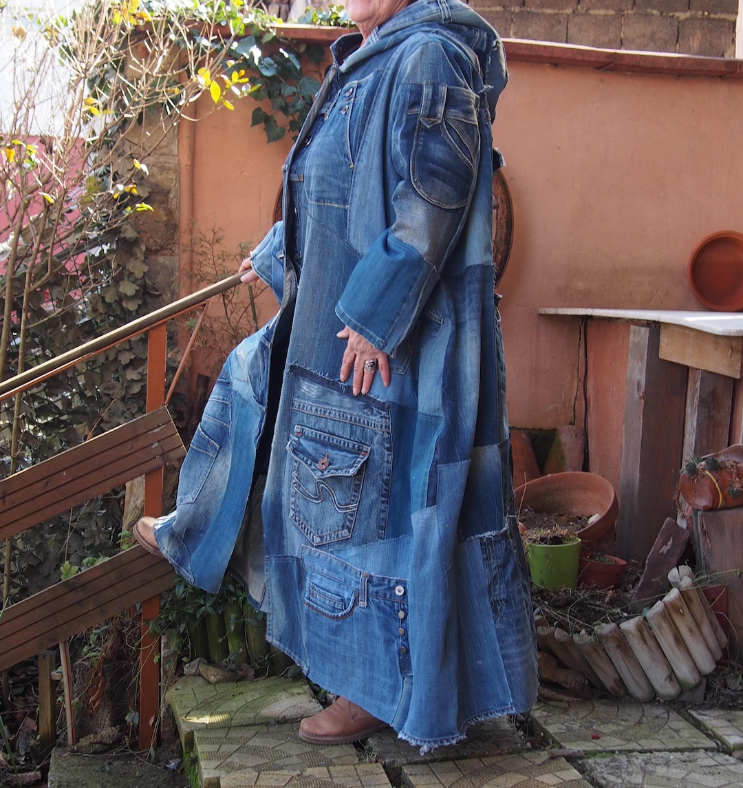 Upcycled Denim Patchwork Coat: Ripped Jean Cape With Hood - Etsy