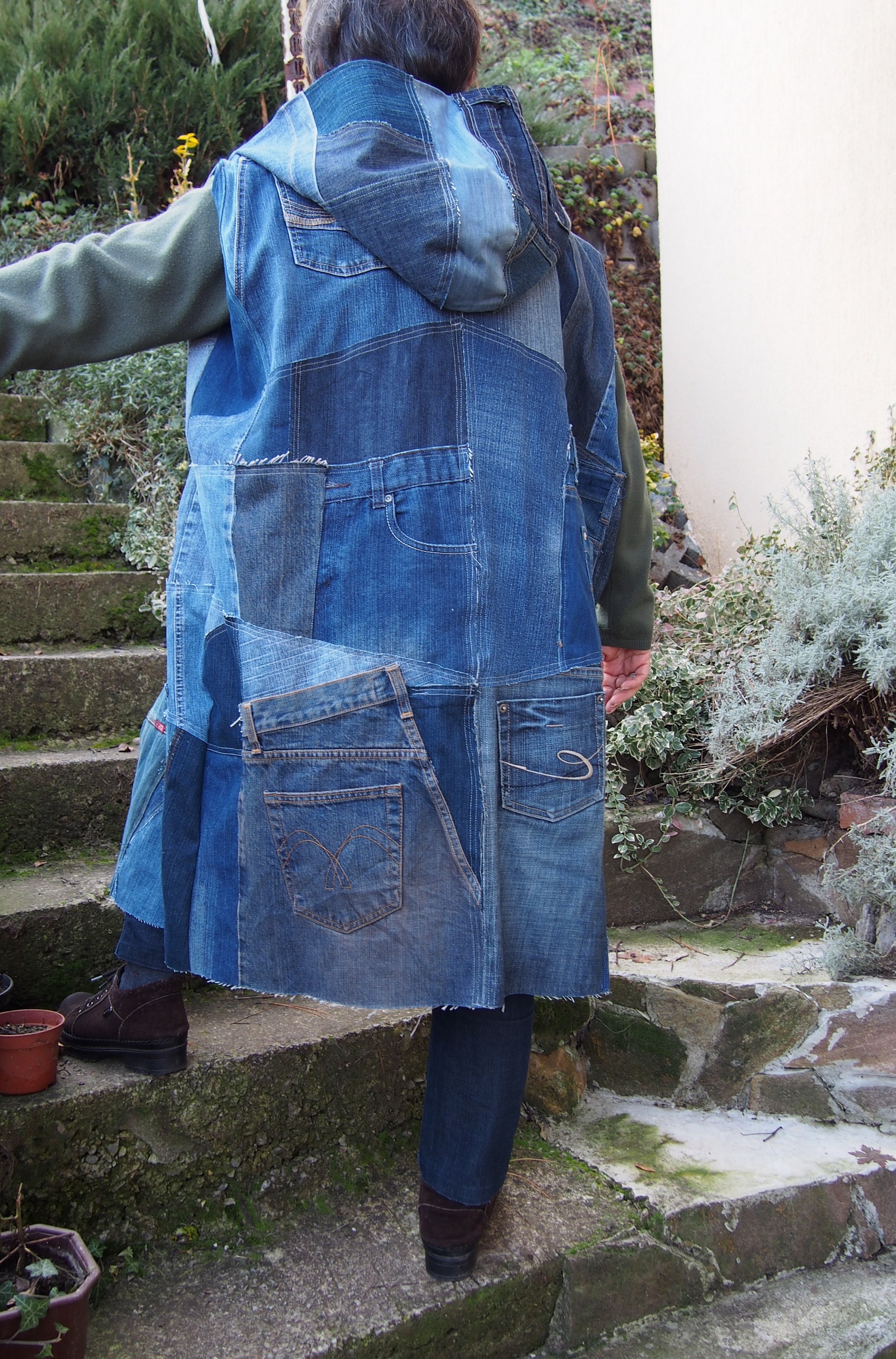 Unique Denim Coat Patches, Ripped Denim Cape, Patchwork Jeans Hooded ...