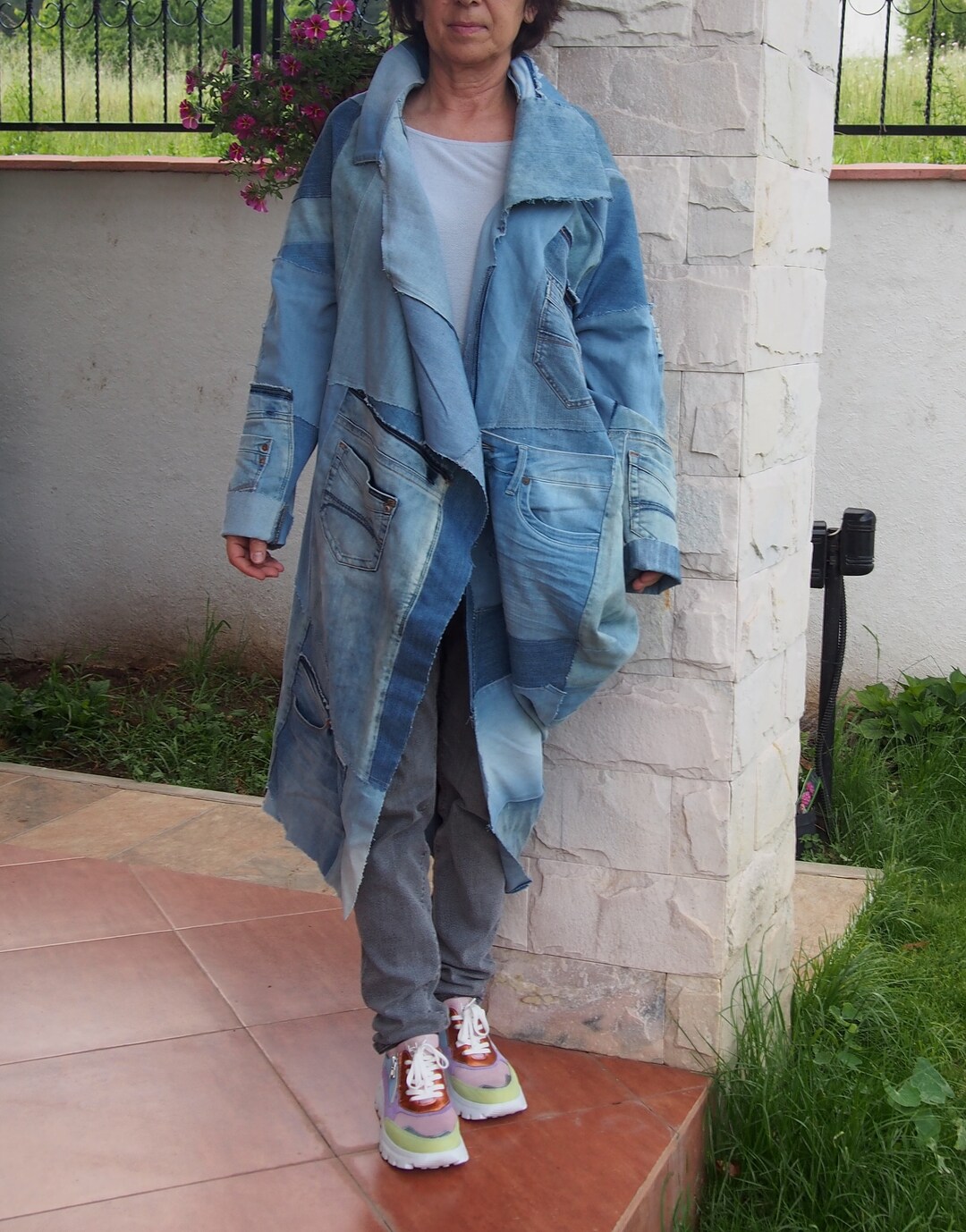 Unique Asymmetrical Long Denim Coat With Patches, Ripped Denim Cape ...