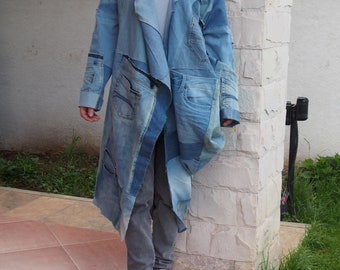 Unique Green Denim Coat With Patches, Ripped Denim Cape, Patchwork Jean ...