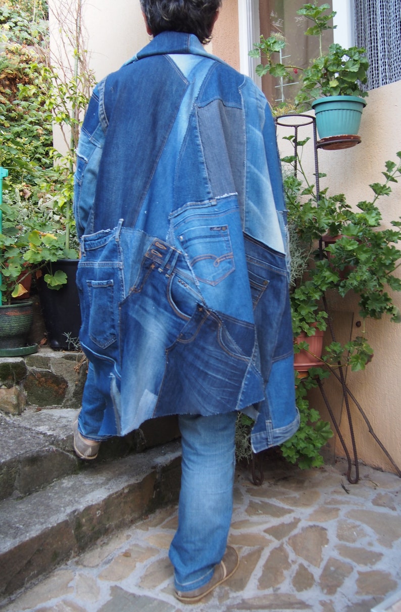 Patchwork Denim Coat: Upcycled Jean Cape, Ripped Design - Etsy