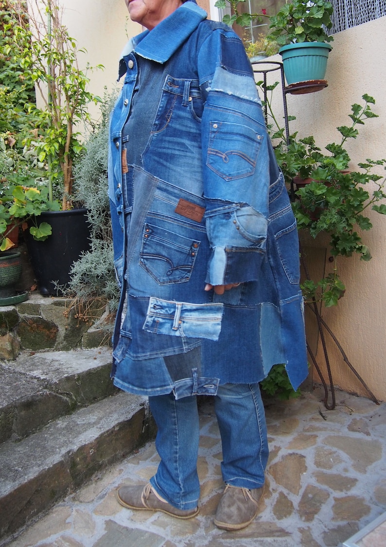Patchwork Denim Coat: Upcycled Jean Cape, Ripped Design - Etsy