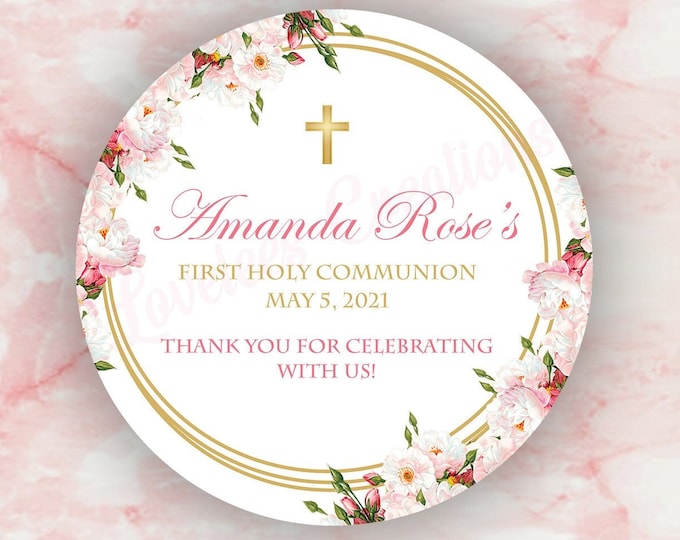 Personalized First Holy Communion Stickers, Pink Floral Cross Communion ...