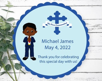 Personalized First Holy Communion Stickers, Blue Floral Cross Communion ...