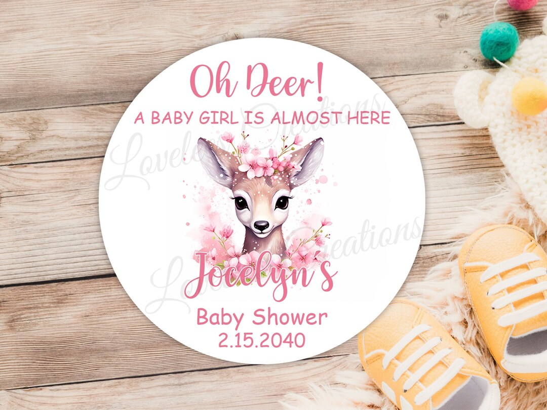 Oh Deer Pink Girl Baby Shower Sticker, Personalized Pink Deer Baby ...