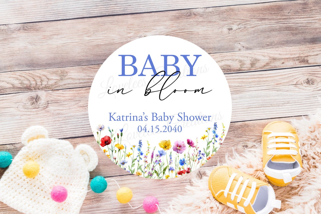 Baby in Bloom Baby Shower Sticker, Personalized Blue Baby Shower Label ...