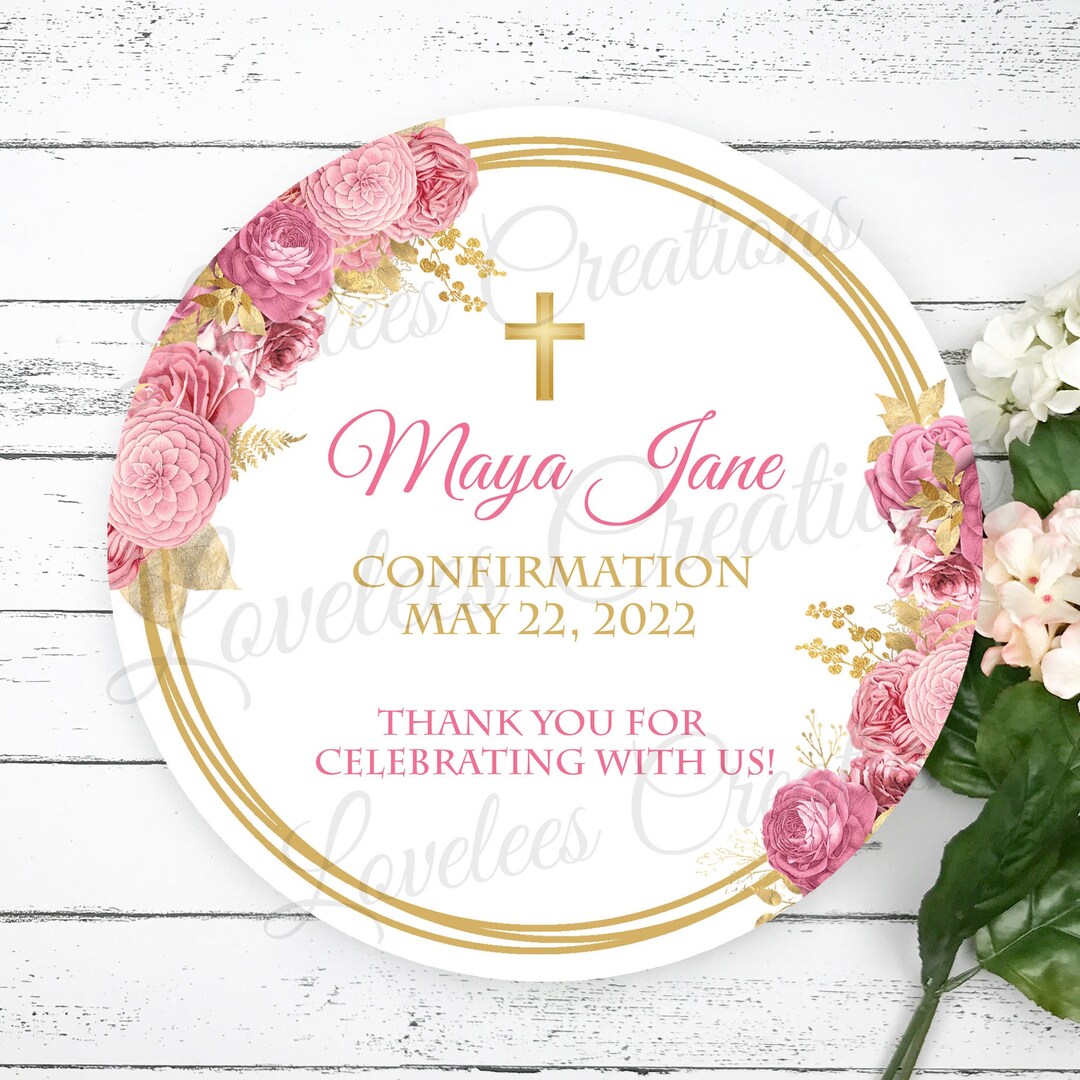Round Favor Stickers - Confirmation - Pink Flowers - Pink and Gold ...