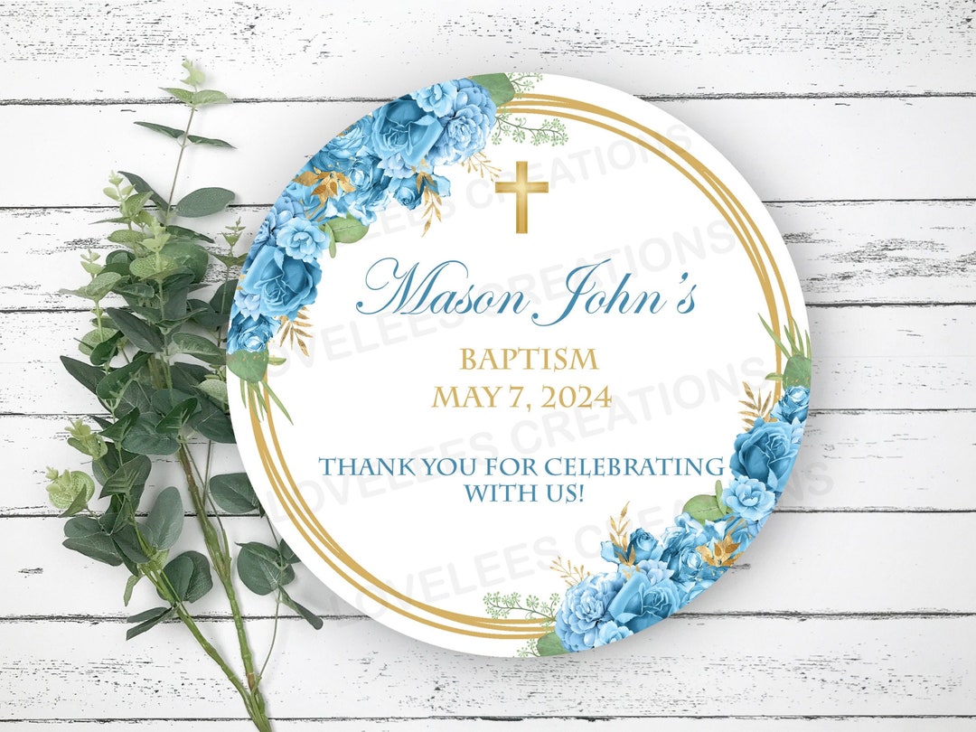 Round Favor Stickers - Baptism - Blue and Gold Stickers - Boy Baptism ...