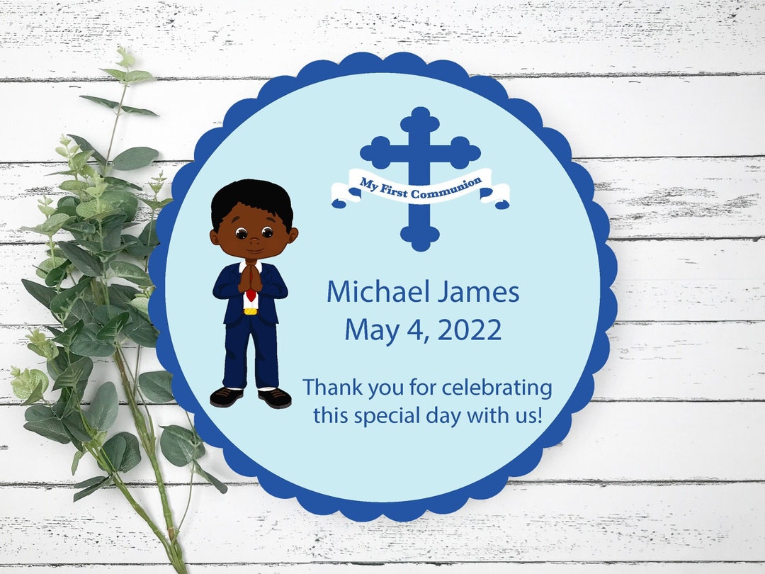 Round Favor Stickers First Holy Communion Blue Sticker Boy Communion ...