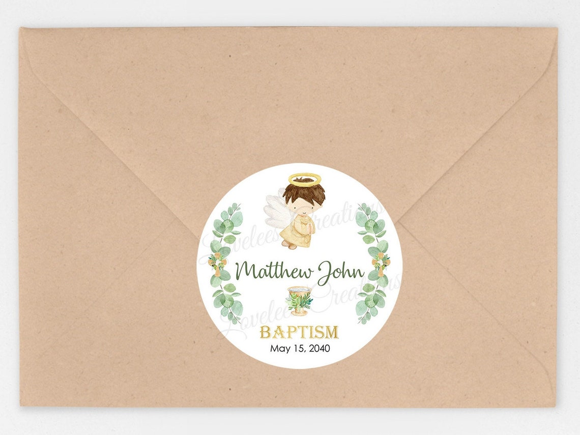 Baptism Angel Boy Personalized Label, Custom Christening Sticker, Mi ...