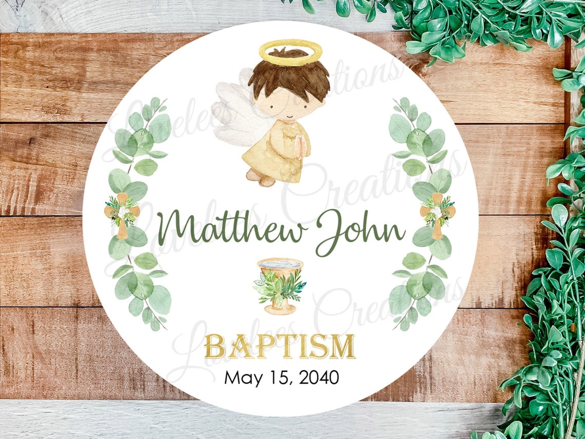 Baptism Angel Boy Personalized Label, Custom Christening Sticker, Mi ...