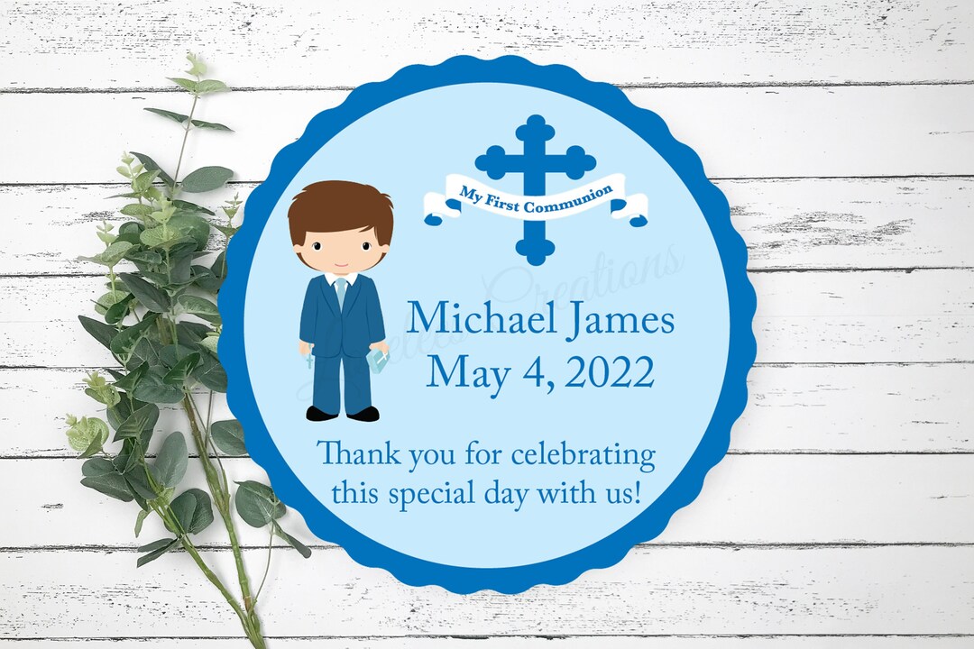 Communion Boy Sticker, Blue First Holy Communion Label, Personalized ...