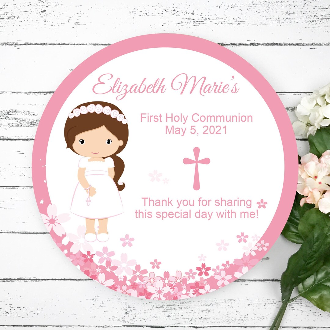 Round Favor Stickers - First Holy Communion - Pink Stickers - Flower ...