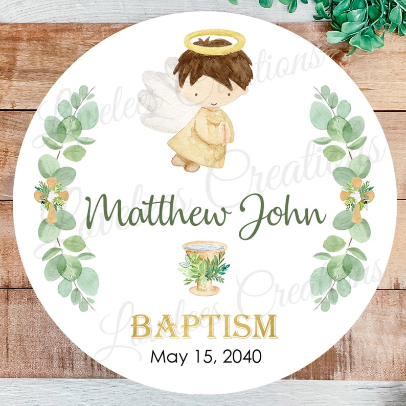 Baptism Angel Boy Personalized Label, Custom Christening Sticker, Mi ...