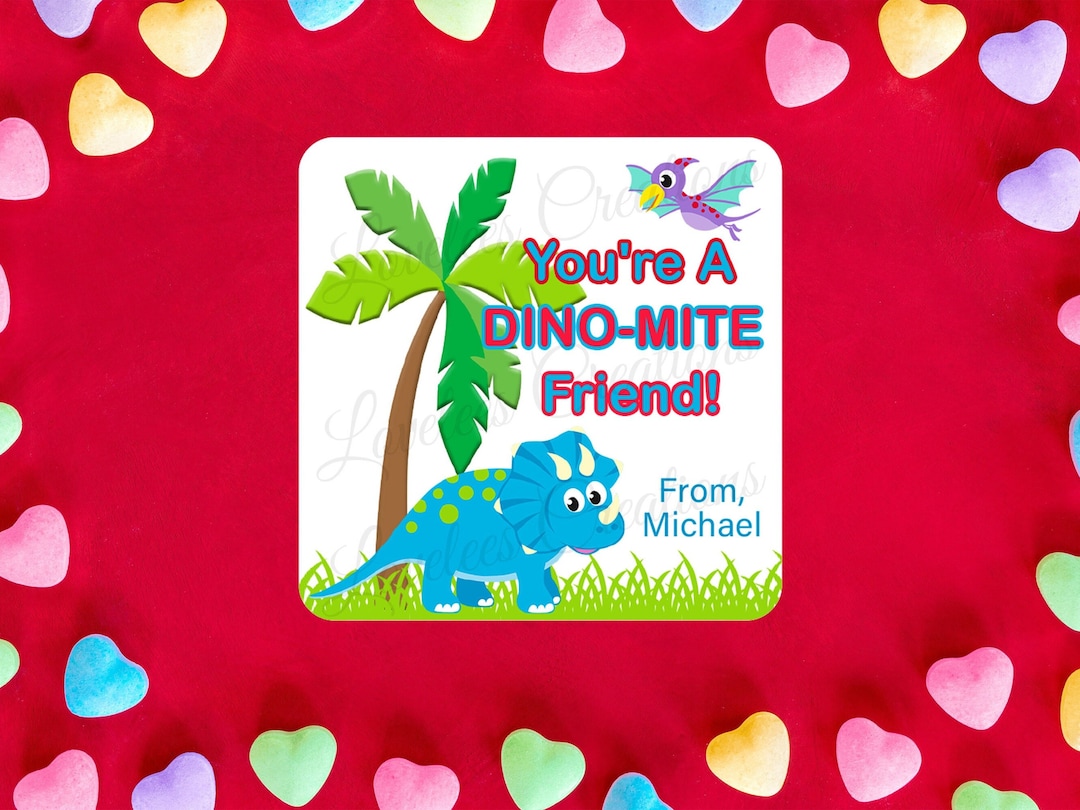 Dinosaur Valentine Stickers | Dino-mite Friend Labels for Treat Bags ...