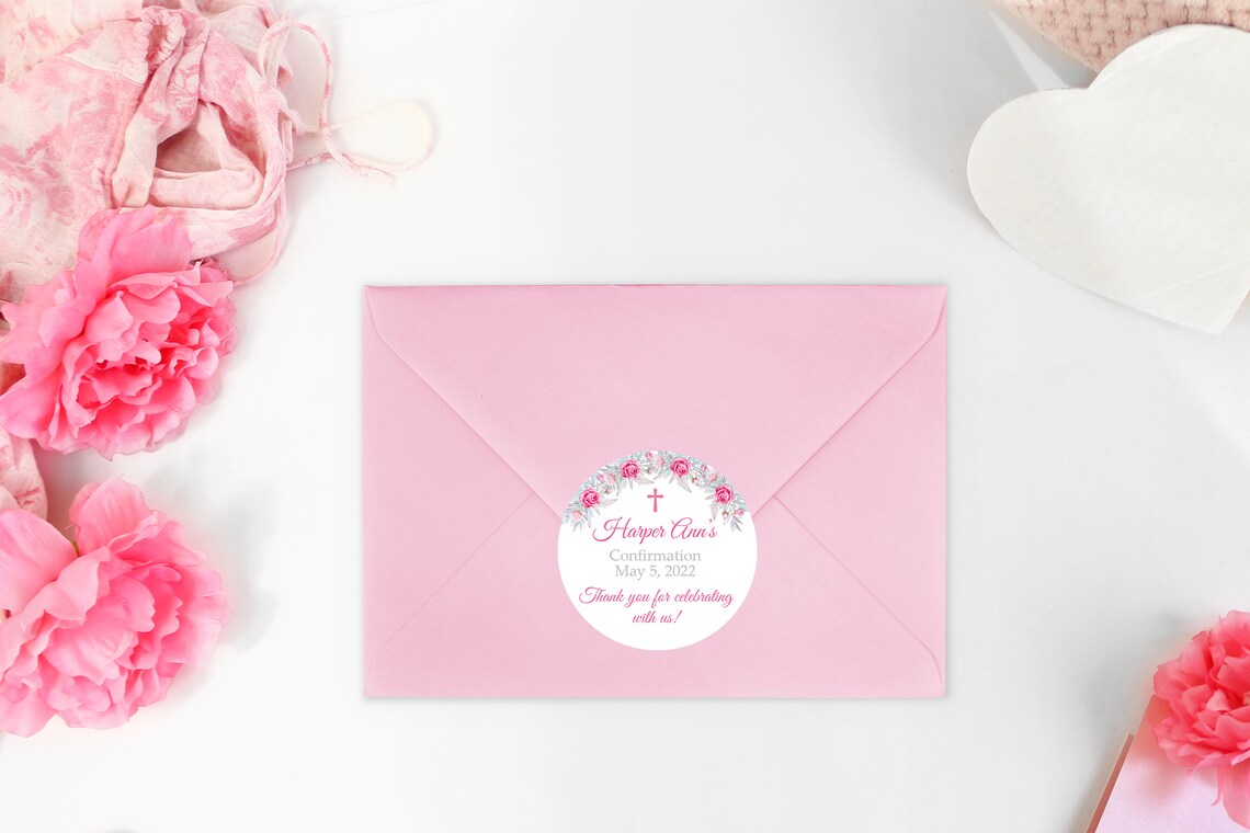 Personalized Confirmation Sticker, Custom Confirmation Pink Flower ...