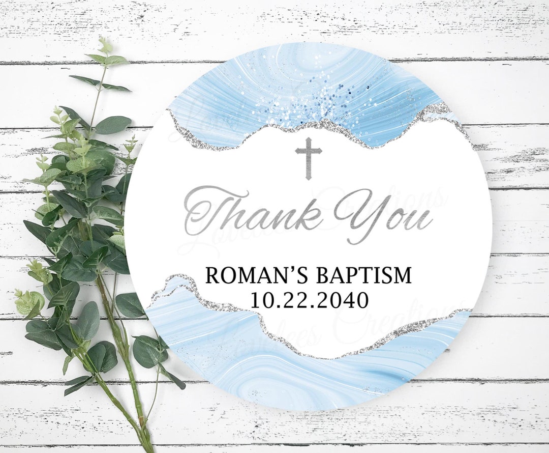Personalized Boy Baptism Sticker, Blue and Silver Baptism Label, Boy ...