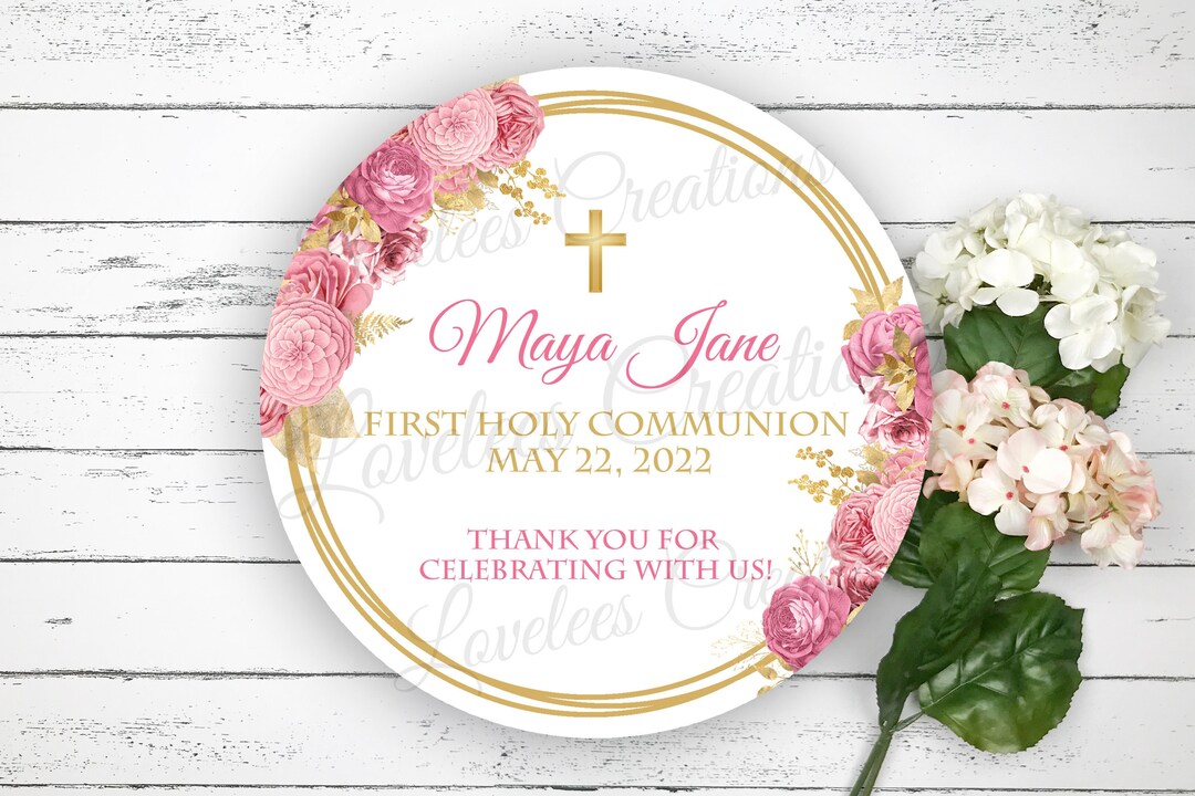 Pink Flower First Holy Communion Round Sticker - Pink and Gold Girl ...