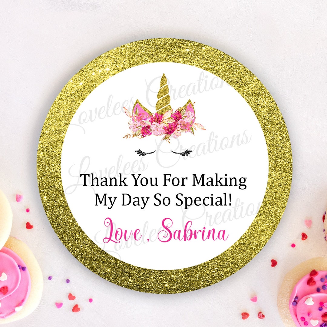 Unicorn Sticker - Birthday Sticker - Gold Glitter Unicorn - Round ...