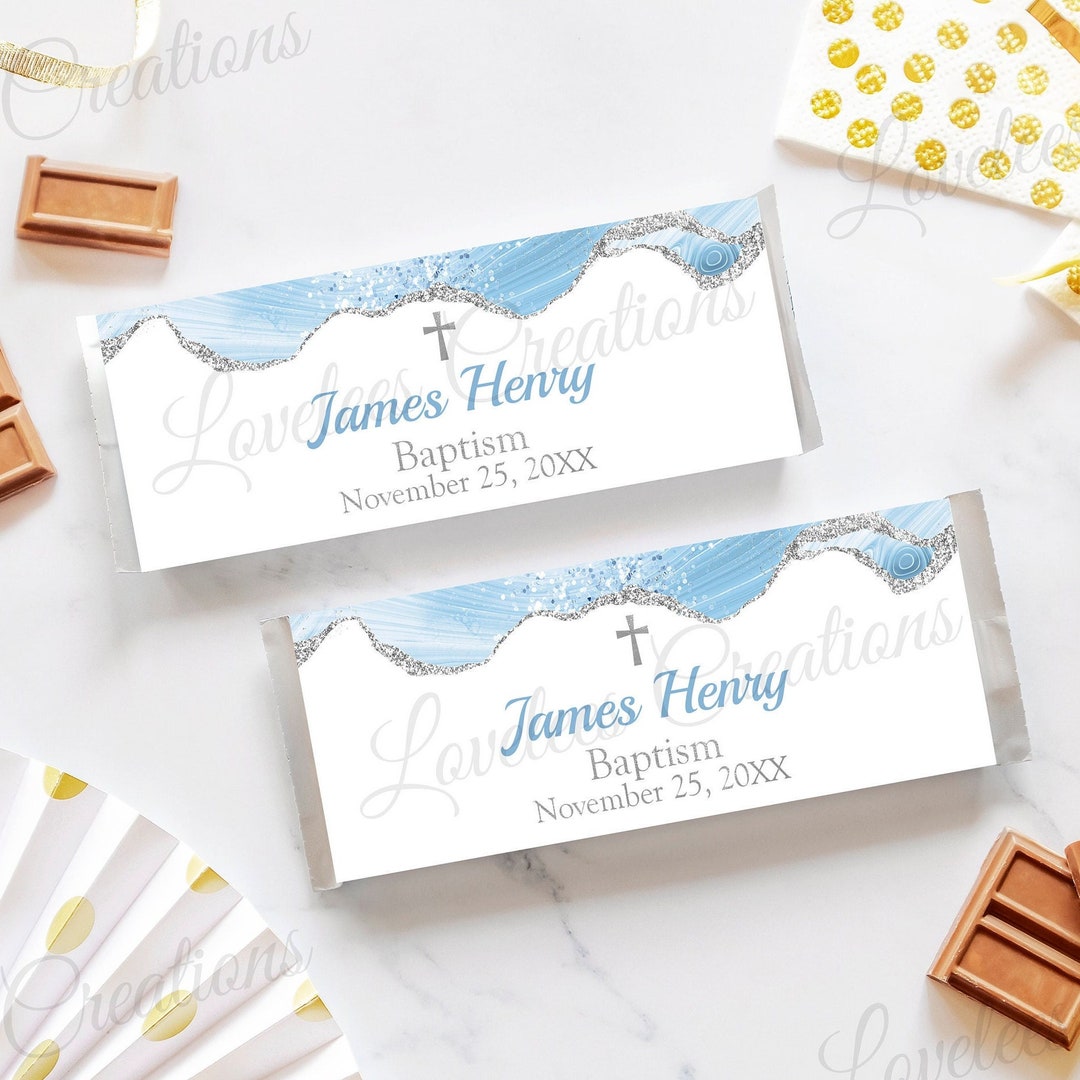 Personalized Blue and Silver Baptism Chocolate Wrapper, Bautizo Wrapper ...