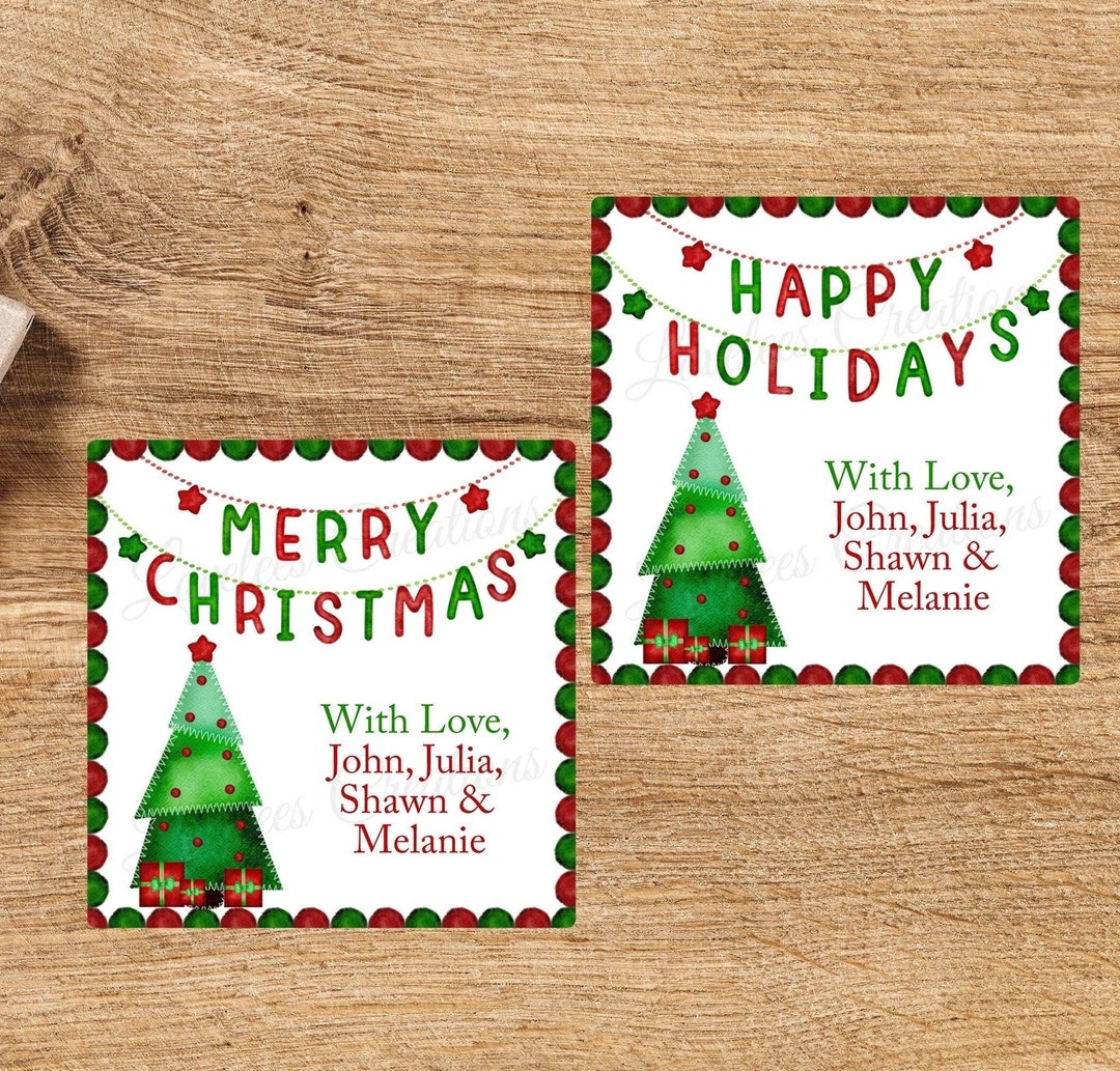 Personalized Christmas Sticker, Custom Happy Holidays Tree Square ...