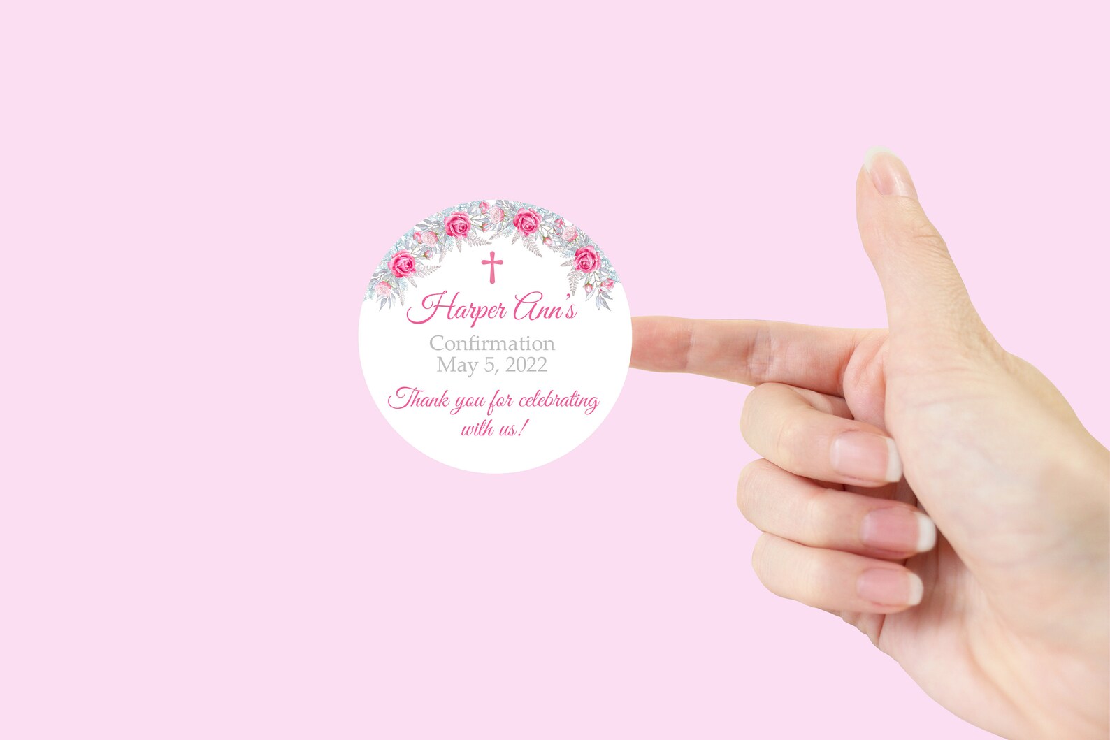Personalized Confirmation Sticker, Custom Confirmation Pink Flower ...