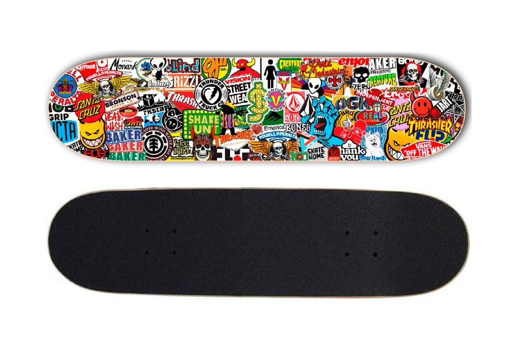 Skateboard Deck With Images of Stickers From the Best Skateboarding ...